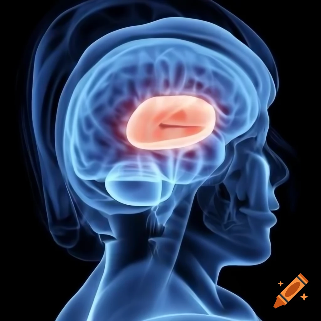 3D drawing of translucent human brain highlighting tumor in frontal ...