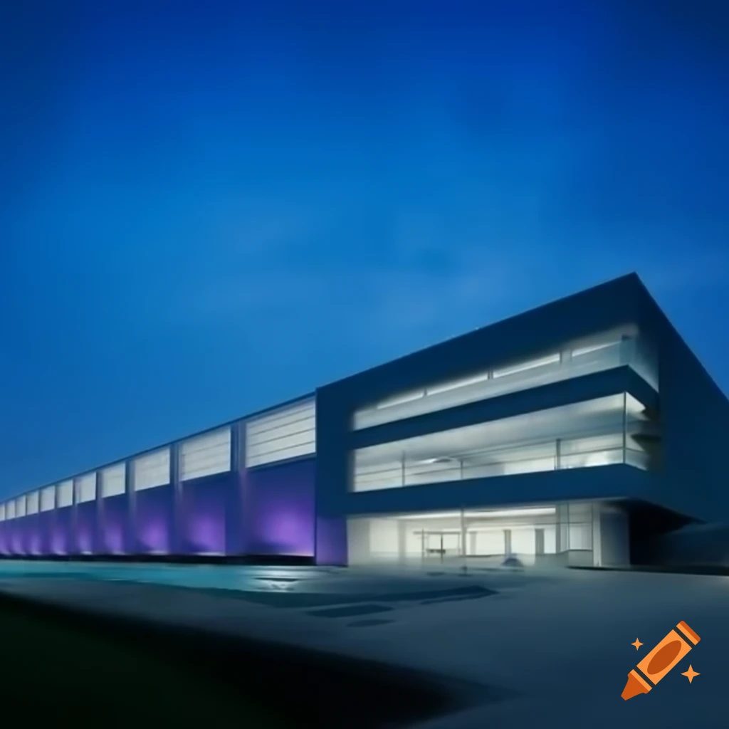 Futuristic advanced manufacturing facility at dusk with modern ...