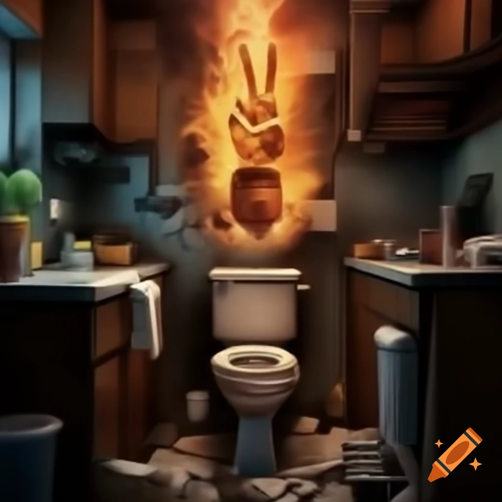 Chaotic kitchen scene with toilet humorously engulfed in digital flames ...