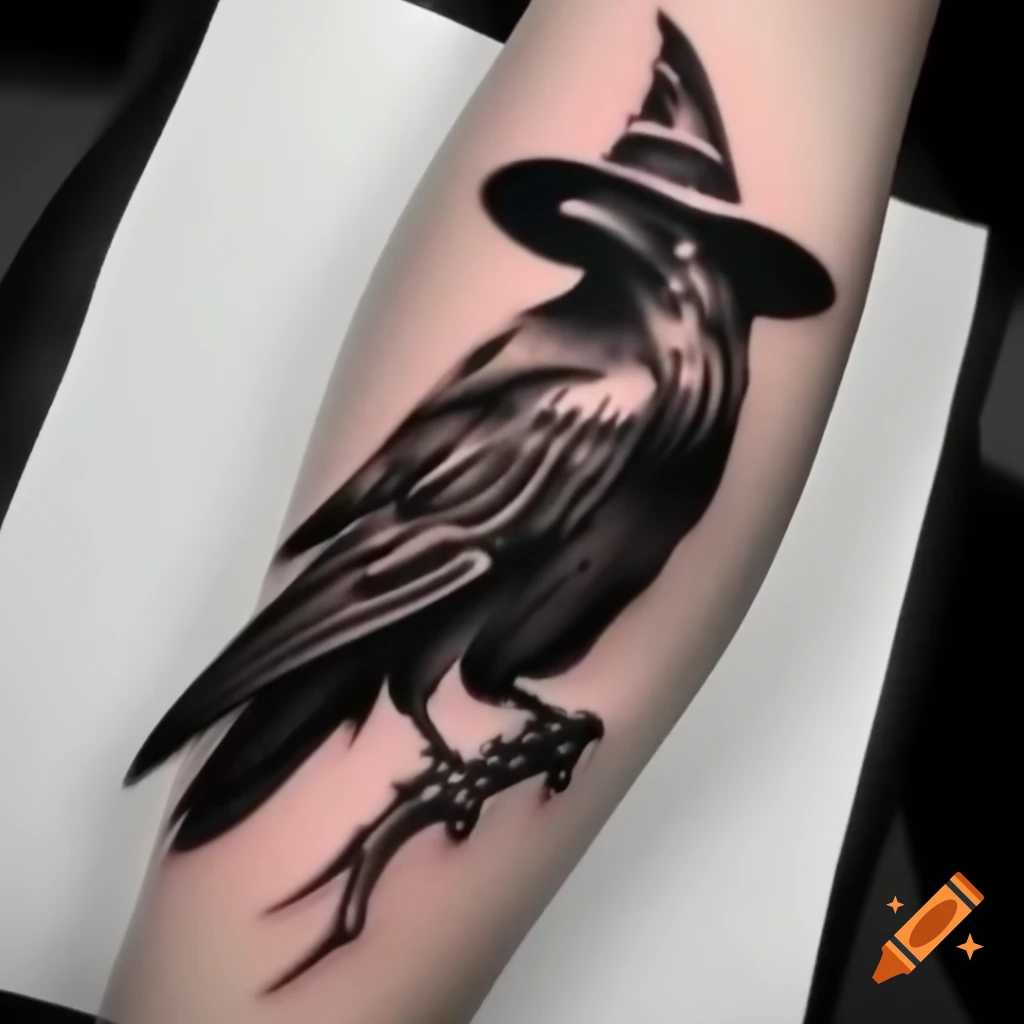Realistic raven stencil with oversized witch hat, black line art on Craiyon