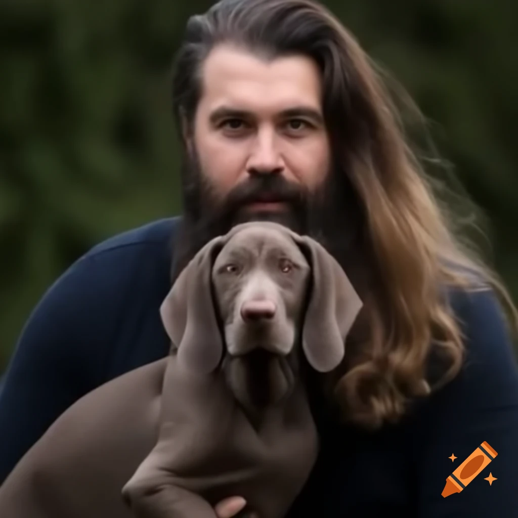 Middle-aged man with beard and long hair alongside Weimaraner dog on ...