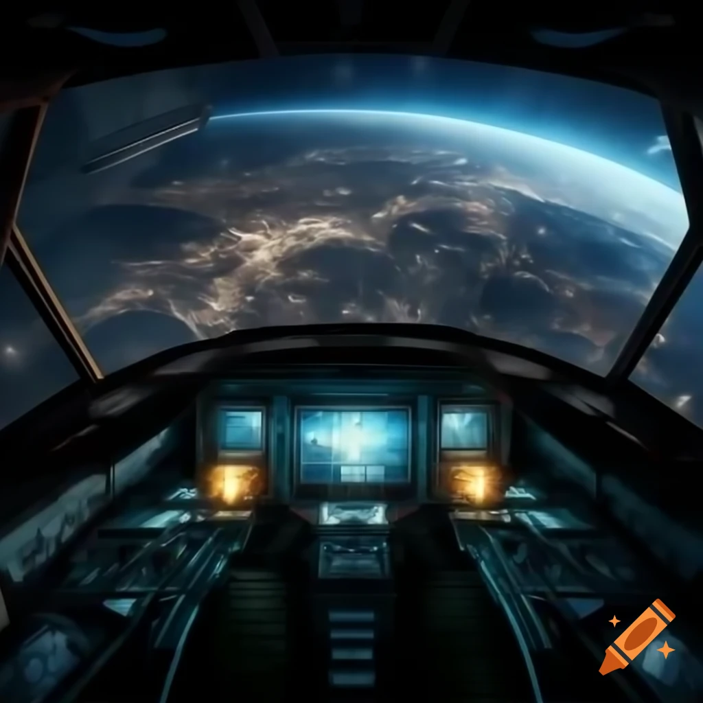 Cockpit view of single-person spaceship flying over urbanized planet ...