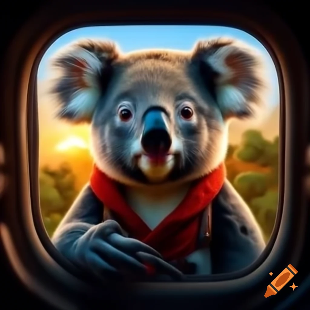 Realistic koala in plane watching sunrise on Craiyon