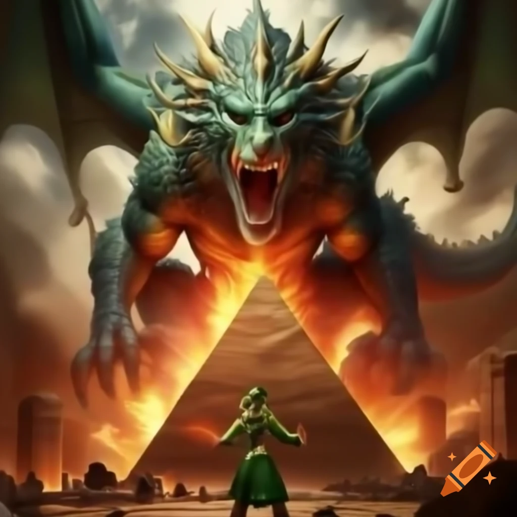 Fire breathing dragon atop pyramid in Egypt after battle on Craiyon