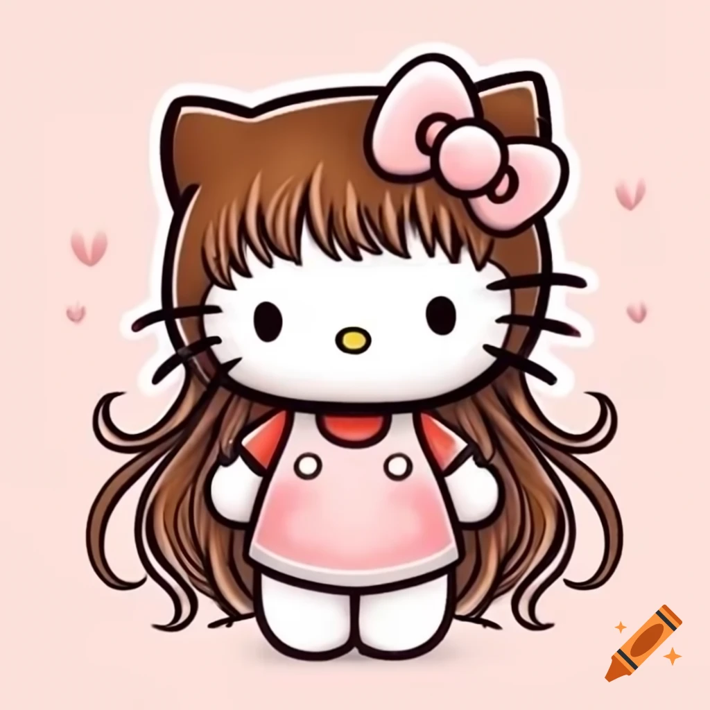 Hello kitty with long brown hair and friendly smile, cute cheeks on Craiyon