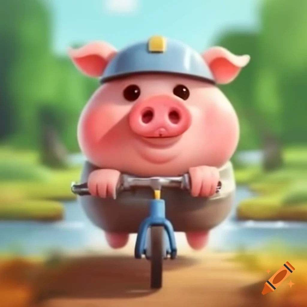 Cute pig riding a bike with helmet near a river on Craiyon