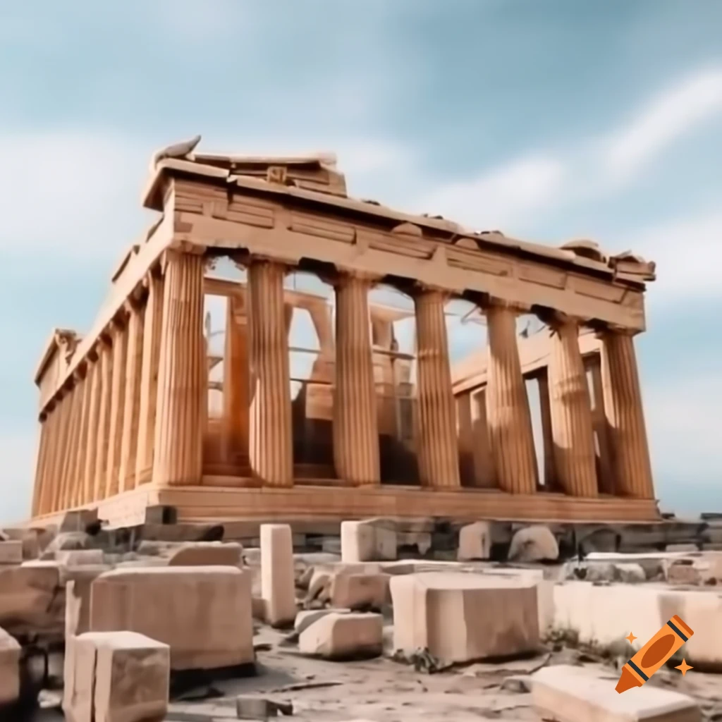 Ancient Parthenon temple with scaffolding and pillars, view of Acropolis on Craiyon