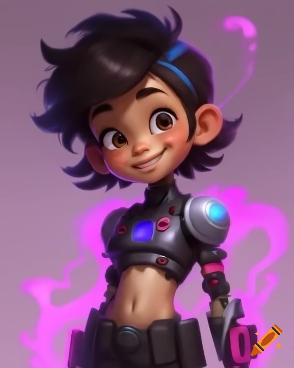 Cheerful cyborg girl with steampunk torso in anime style on Craiyon