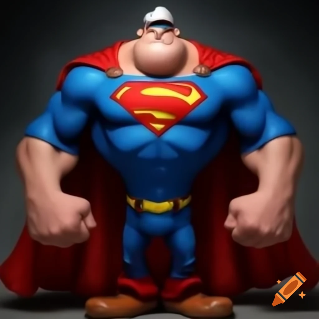 Character resembling Popeye in Superman suit showcasing large muscles on Craiyon