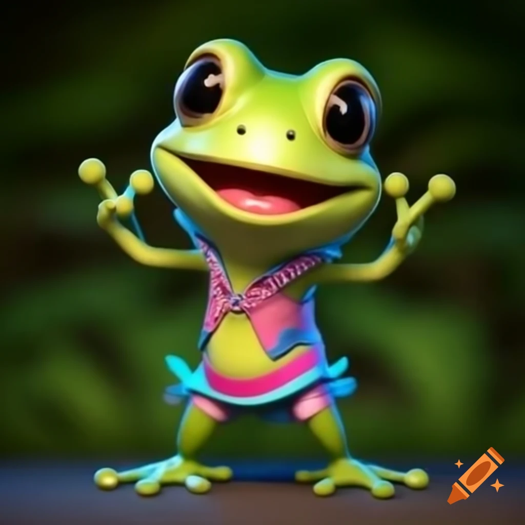Cute anthropomorphic frog dancing in colorful rave outfit ...