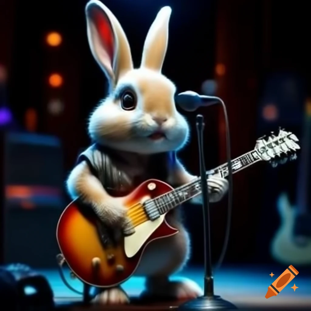 Photorealistic rock band rabbit with sunglasses playing electric guitar ...