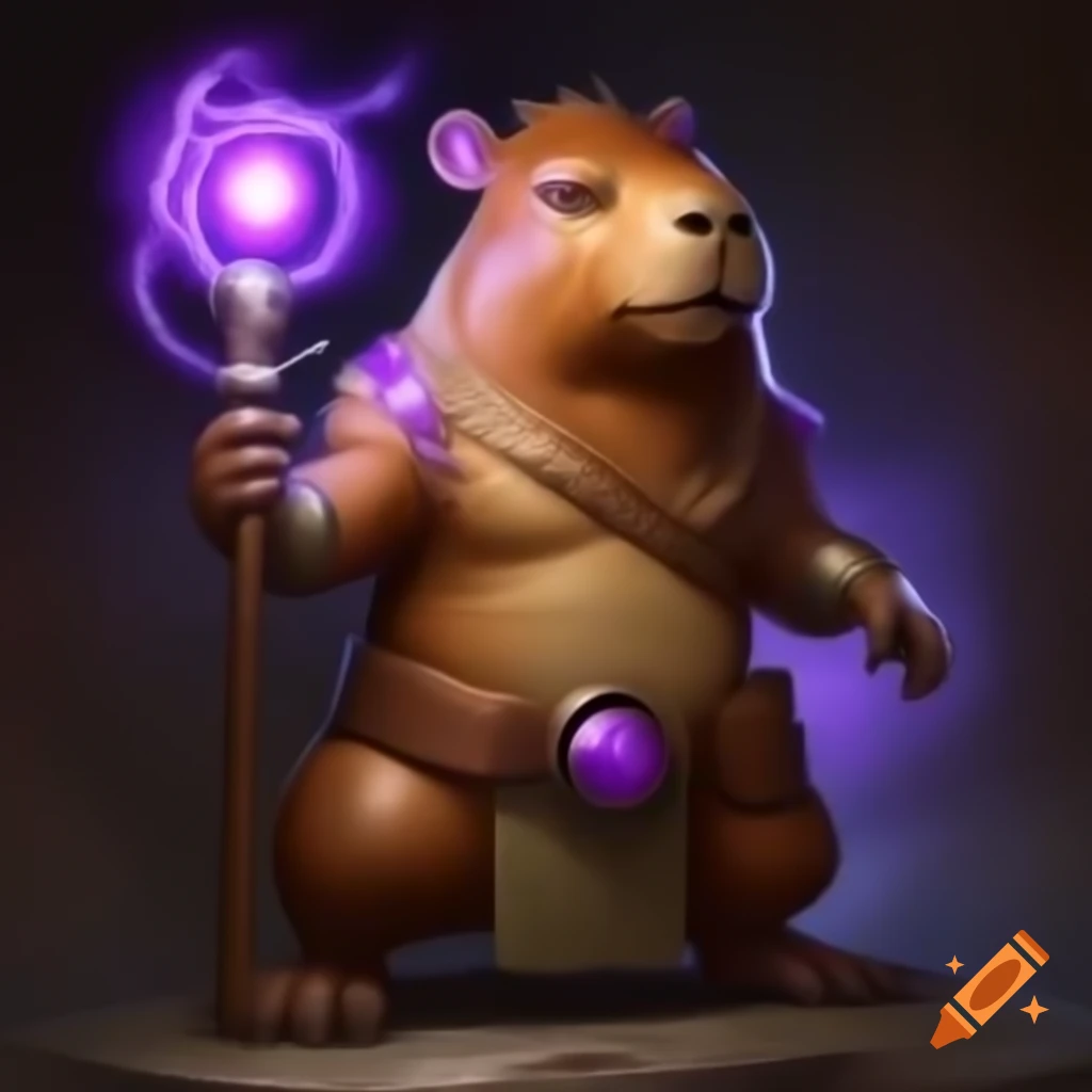 Muscular anthropomorphic capybara with bone staff and glowing orb in ...