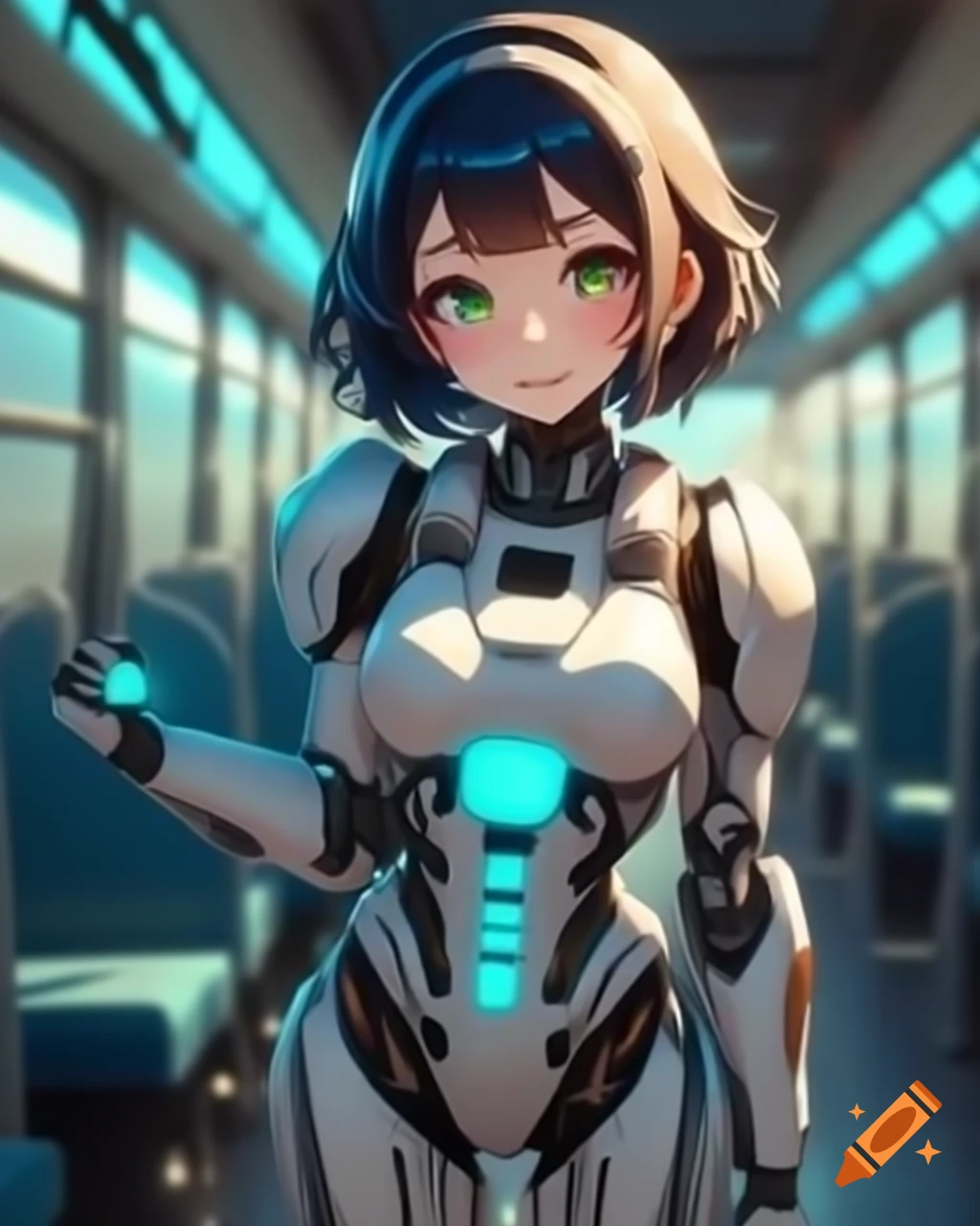 Cheerful cyborg girl with train torso in anime style on Craiyon