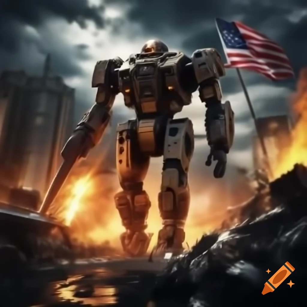 Mech suit robot stepping on crushed US flag with burning city backdrop ...
