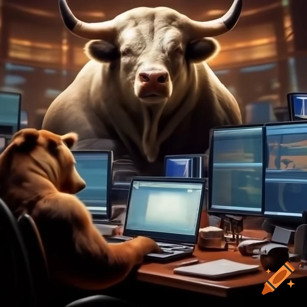 Bull and bear facing each other trading on laptops at a desk on Craiyon