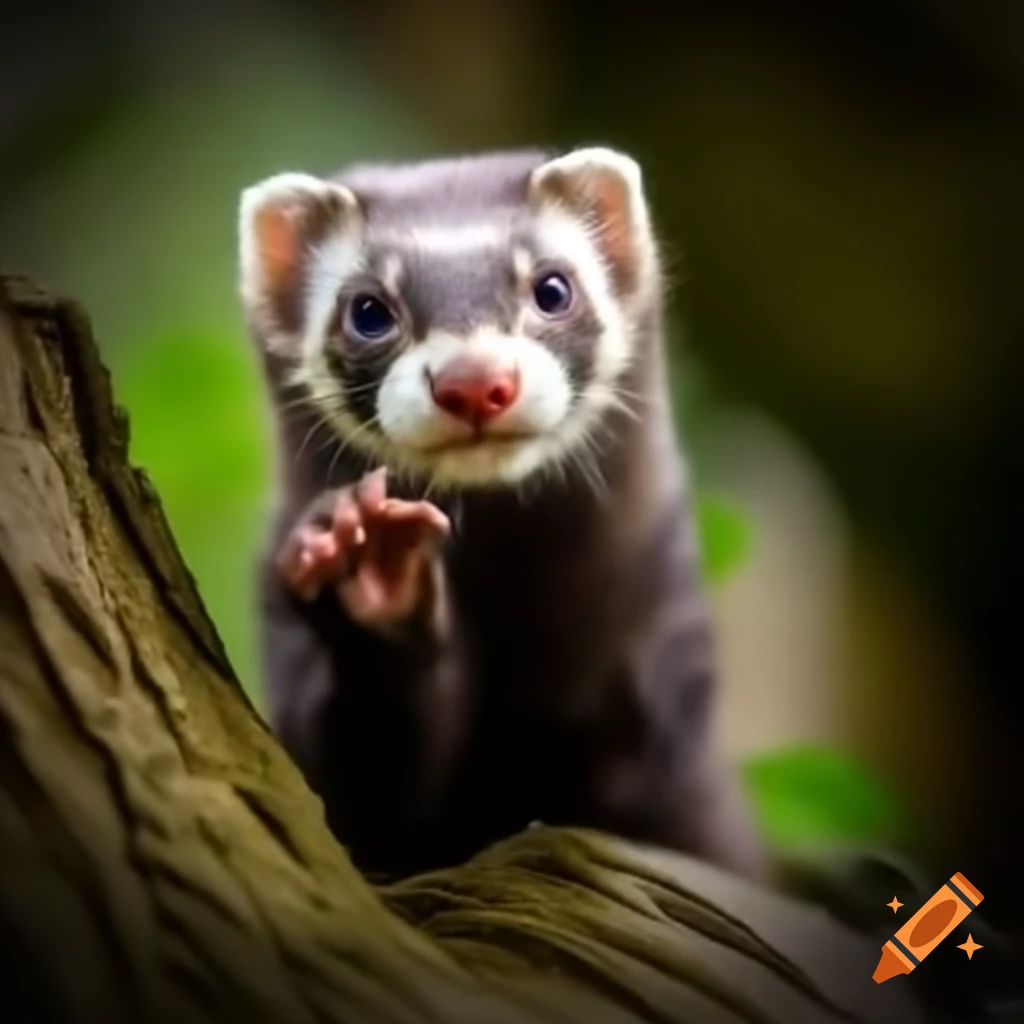 Ferret looking at reflection in mirror, playful pose with one leg ...