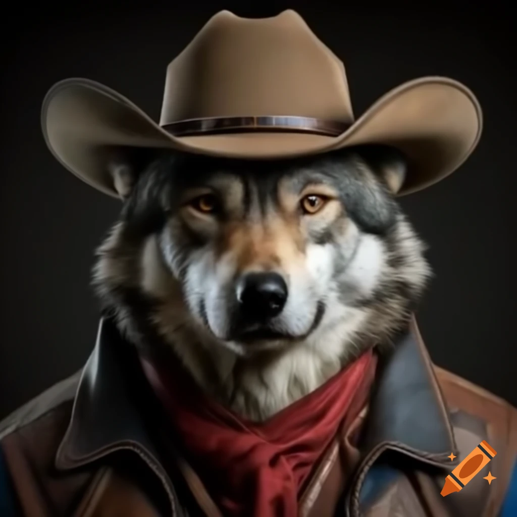 Realistic cowboy wolf with red fur tips on head on Craiyon