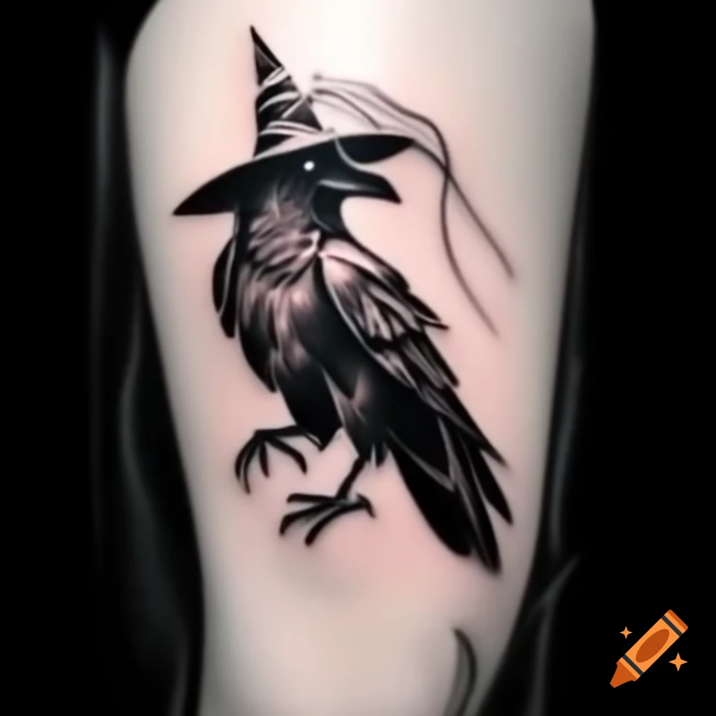 Realistic raven in witch hat tattoo stencil with black lines on Craiyon
