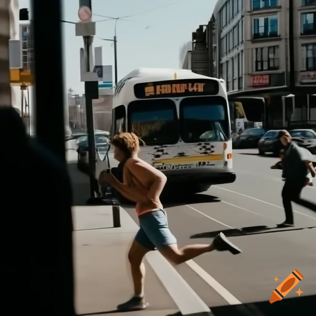 Person running for bus on busy city street with pedestrians on Craiyon