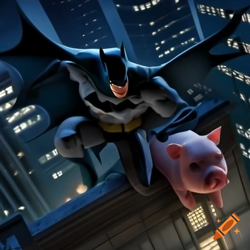 Batman and pig sidekick standing on city rooftop at night on Craiyon