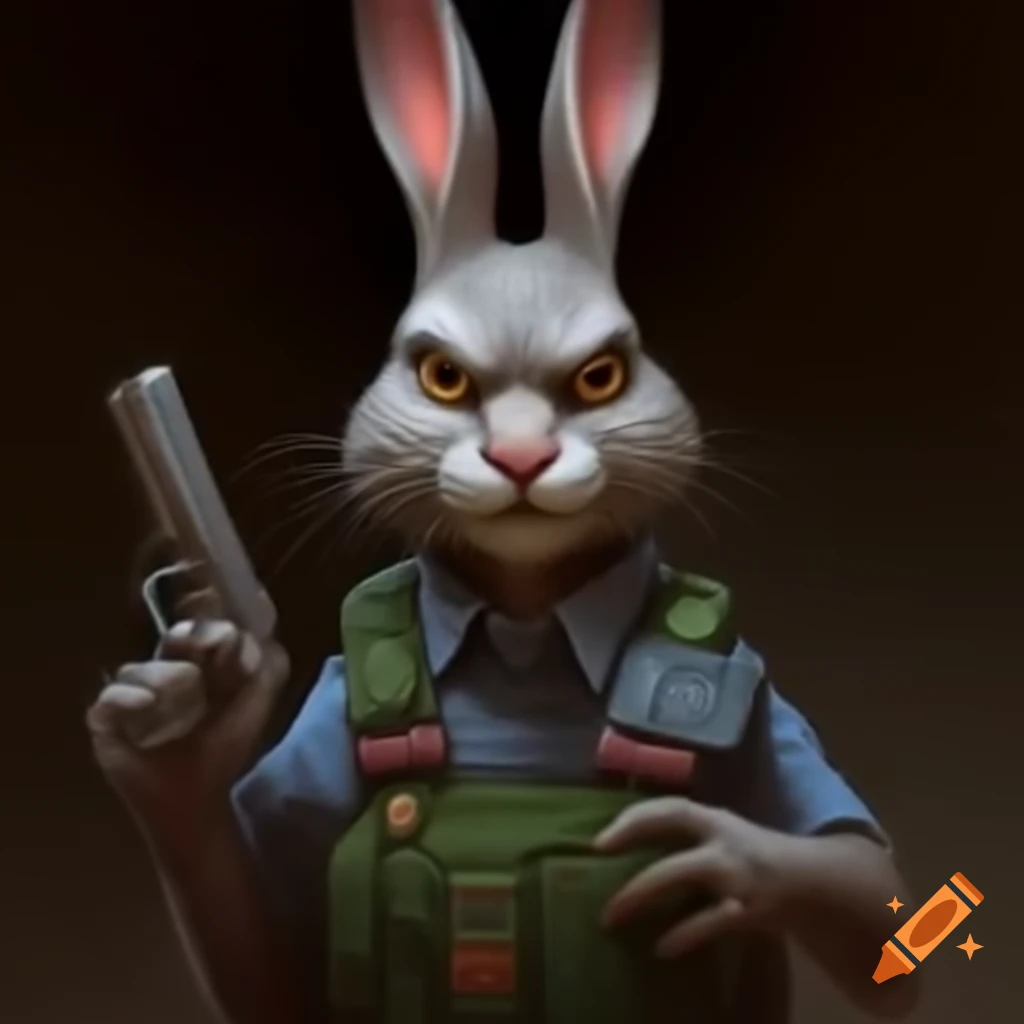 Evil rabbit holding a gun in a whimsical style on Craiyon