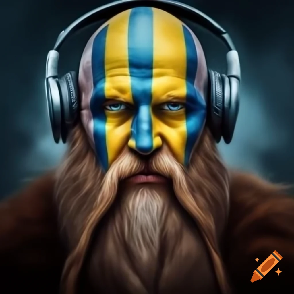 Bald Viking with white beard, Swedish flag on face, and wearing ...