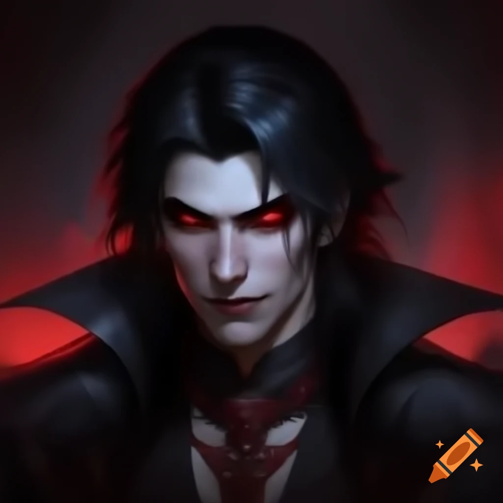Male Romanian bard with dark hair and red eyes in black clothing ...