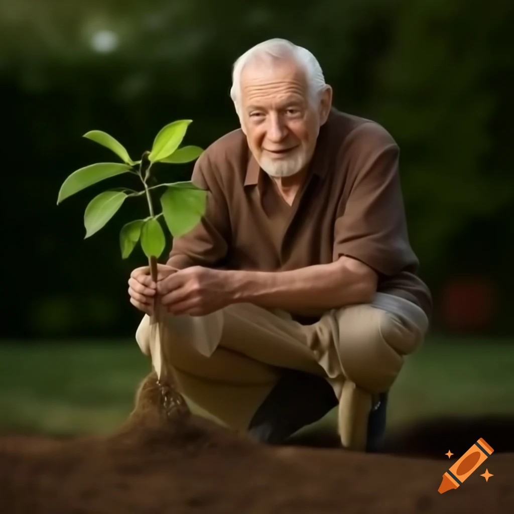 Elderly man planting a tree sapling with a gentle smile on Craiyon