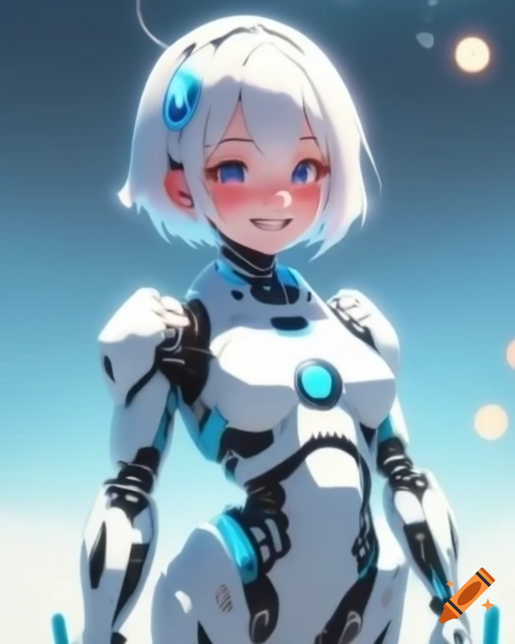 Cheerful cyborg girl with translucent torso in anime style on Craiyon