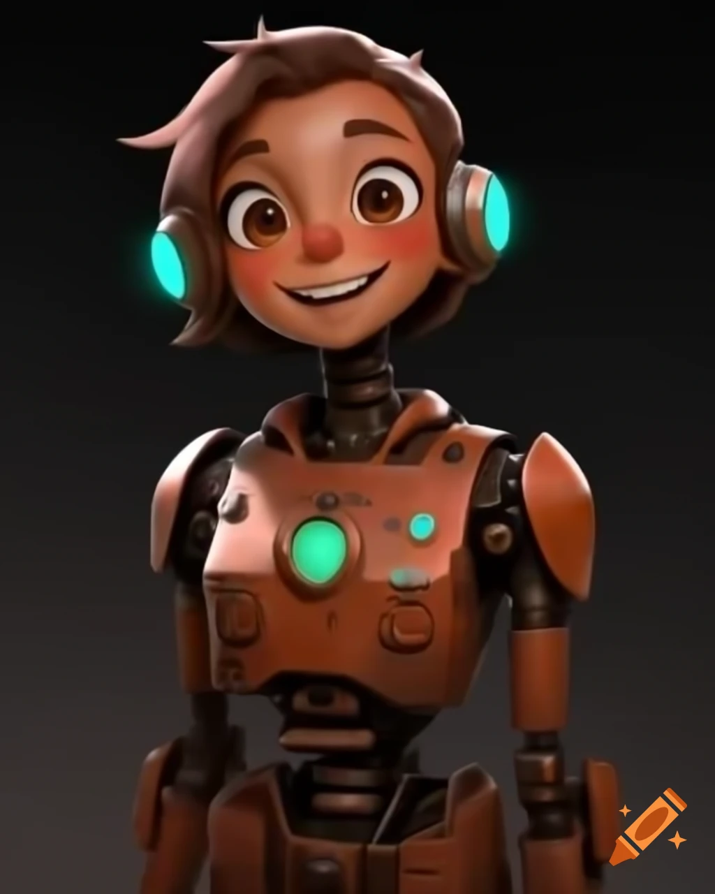 Cheerful rusty copper cyborg girl in steampunk style on Craiyon
