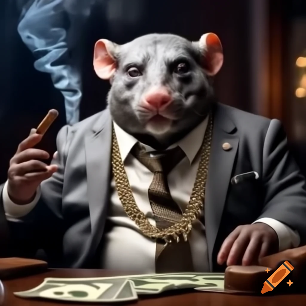 Realistic rat mafia boss in grey suit with gold chain, smoking cigar ...