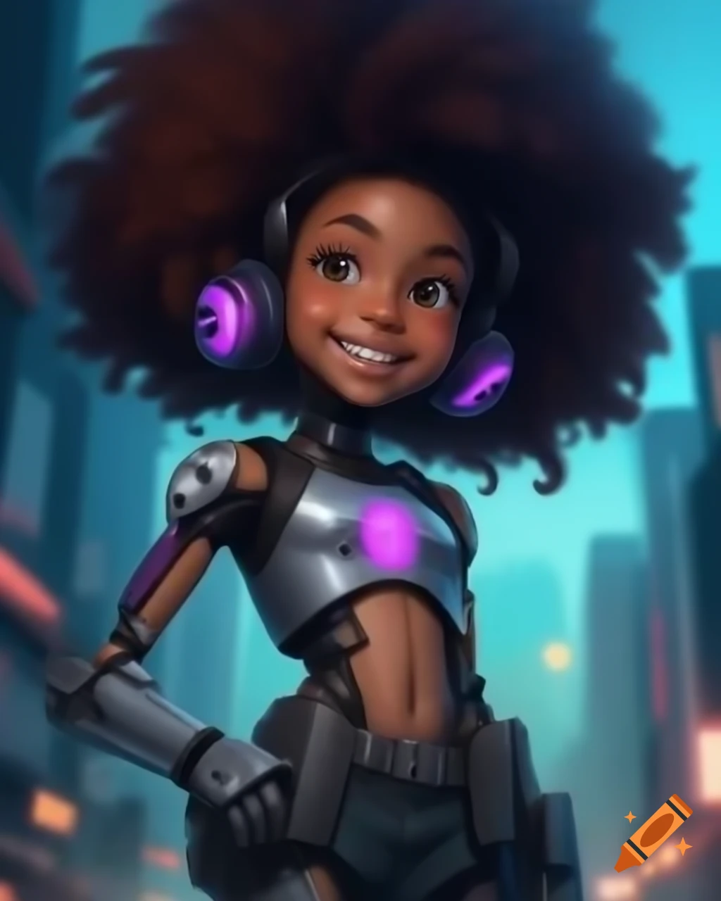 Cheerful anime cyborg girl with steampunk torso on Craiyon