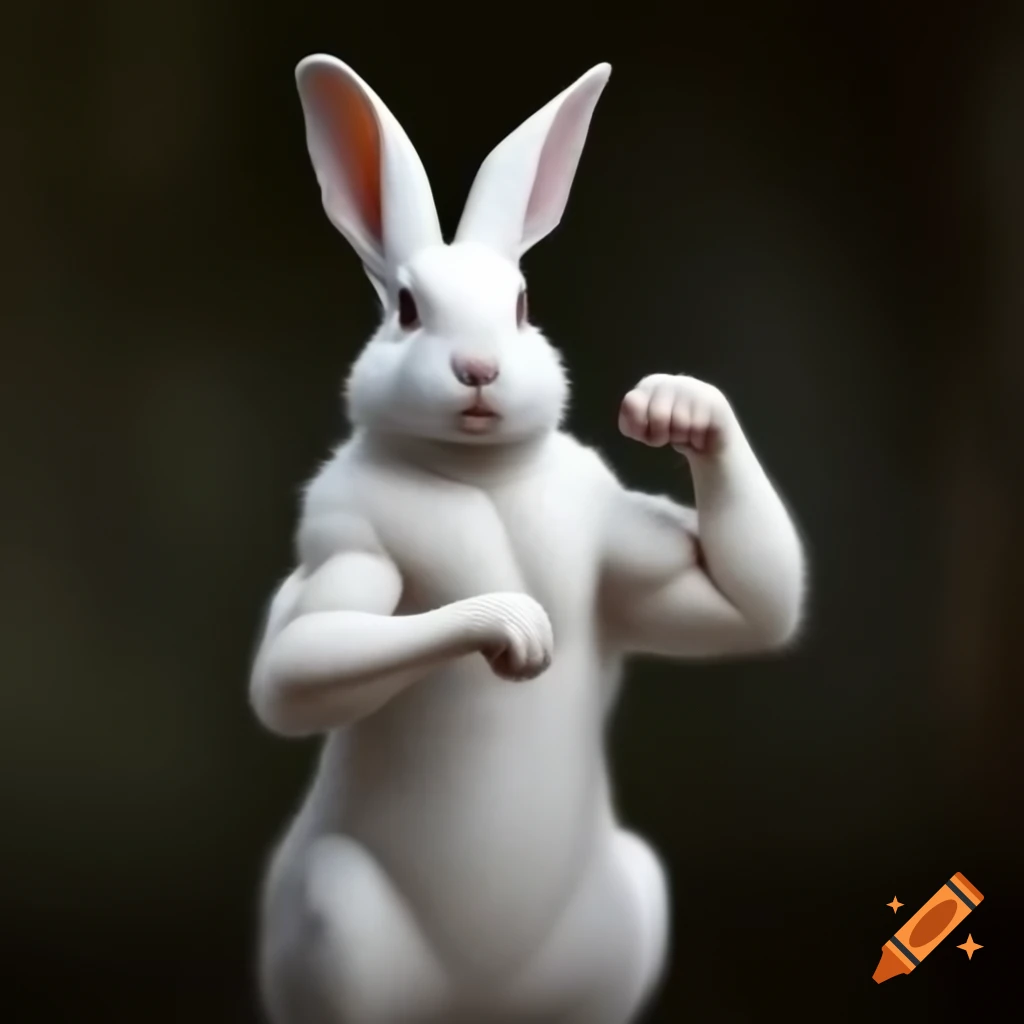 White rabbit flexing arm muscles in a whimsical pose on Craiyon