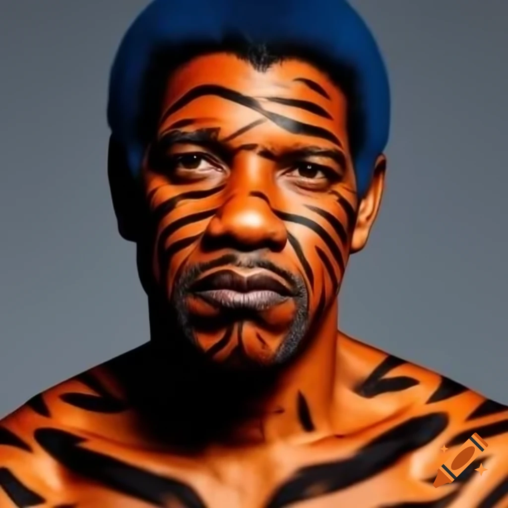 Muscular person with tiger-style makeup featuring blue hair and orange ...