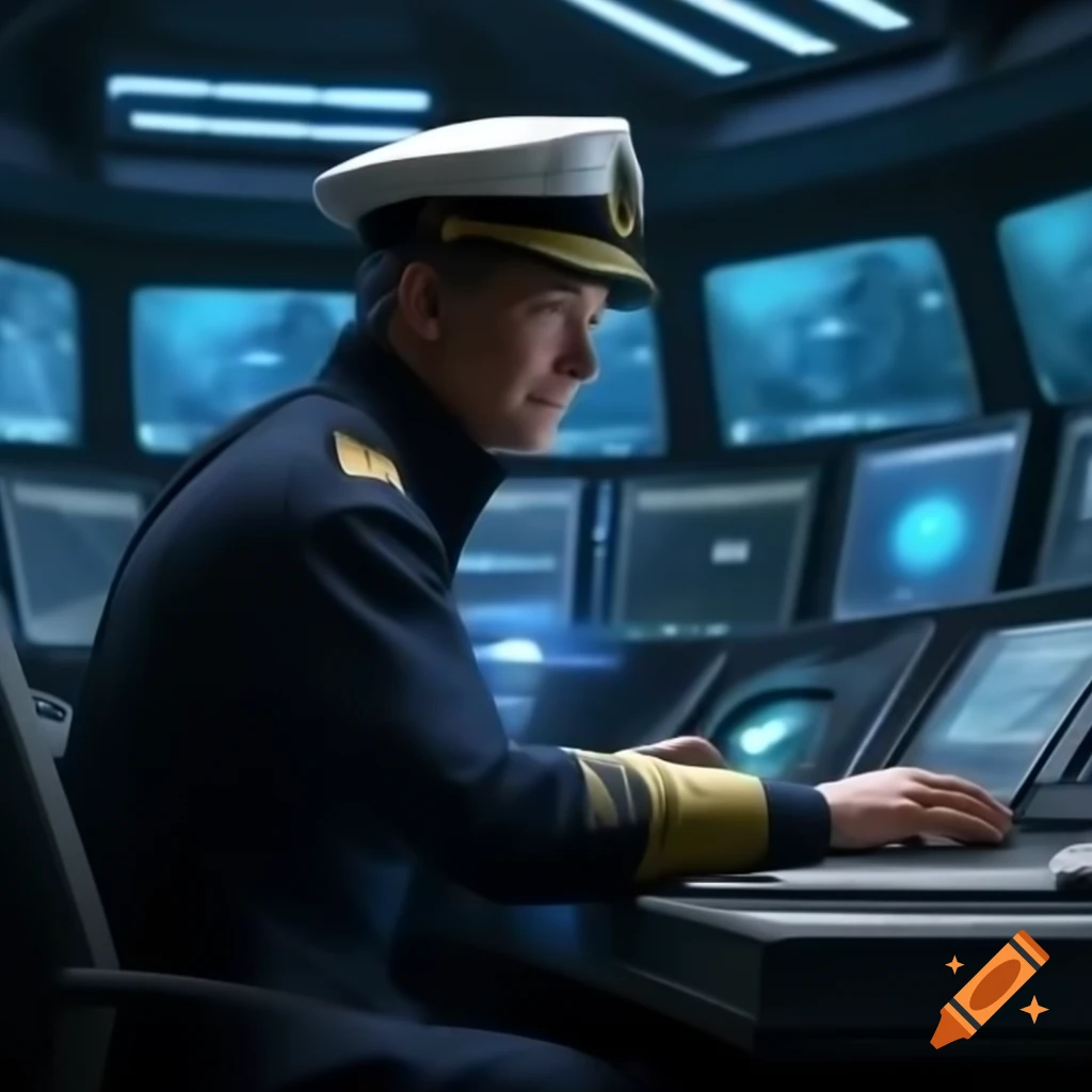 Futuristic ship captain operating high-tech monitors on Craiyon