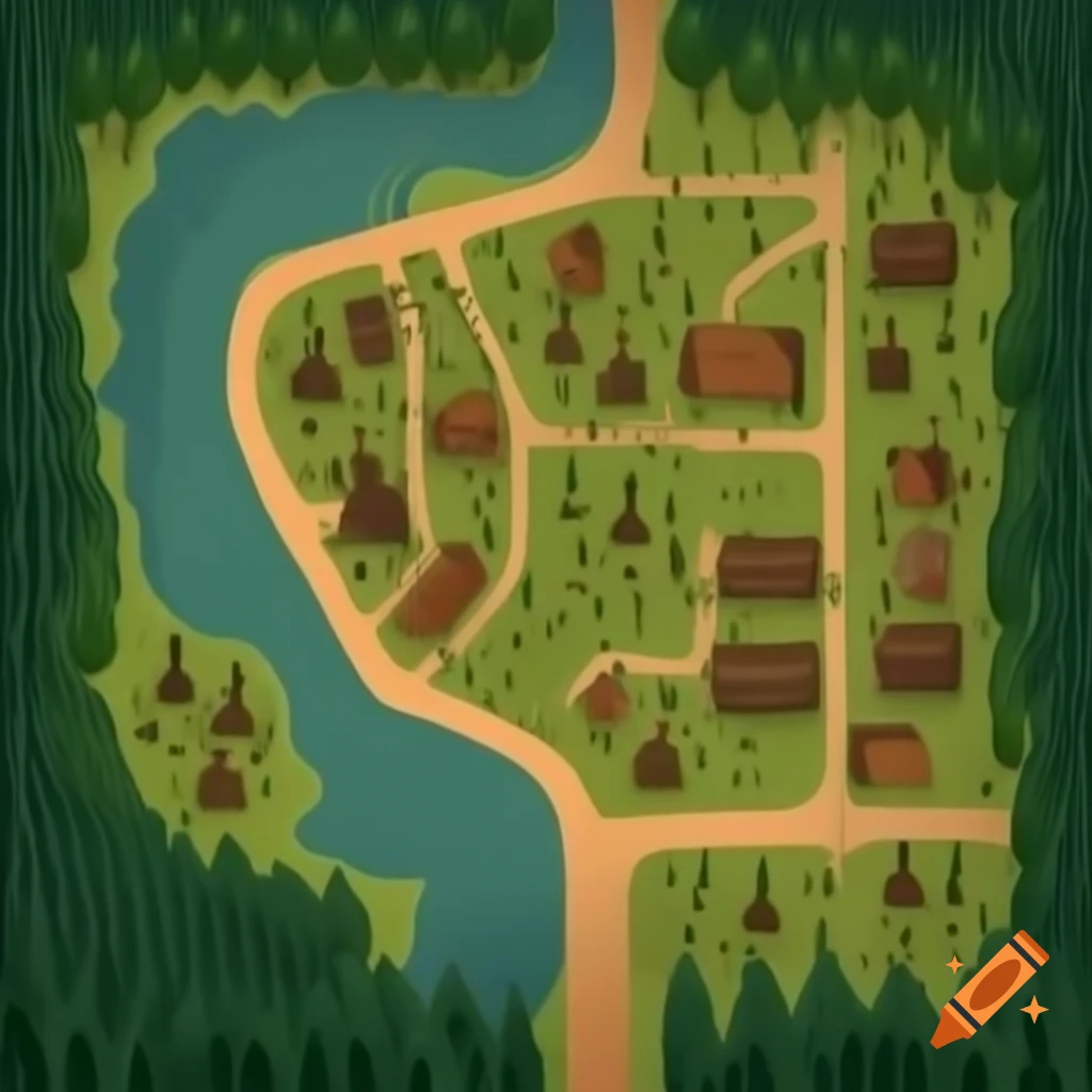 Aerial view of medieval logging town surrounded by forest and river on ...