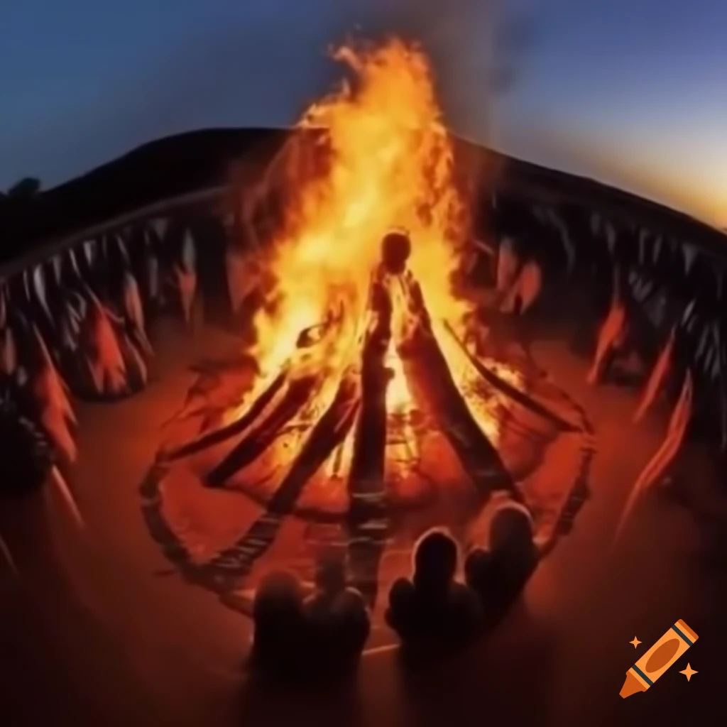 Pesugihan ritual scenery with bonfire and shadows of people on Craiyon