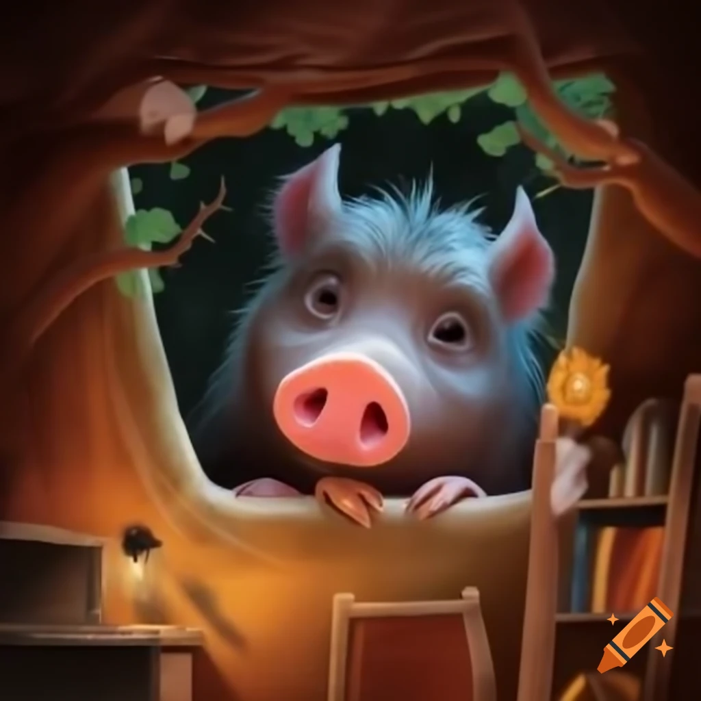 Fairy tale wild pig in children's room inside oak tree looking out ...