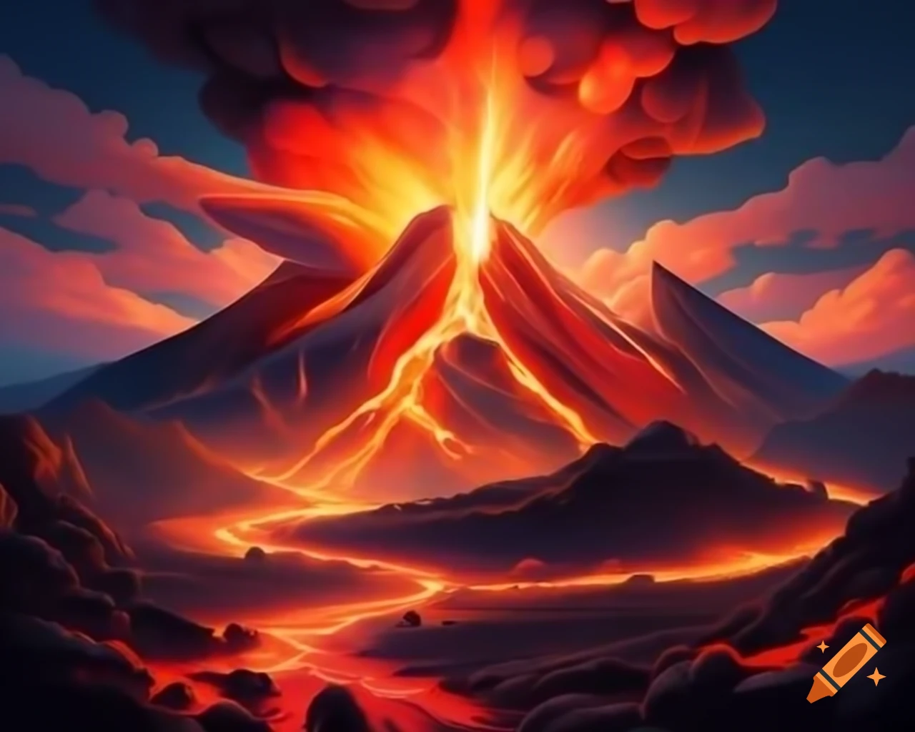 Interior view of a volcano with flowing lava on Craiyon