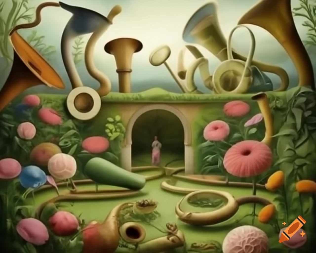 Surreal garden with giant musical instruments in collage art style on ...