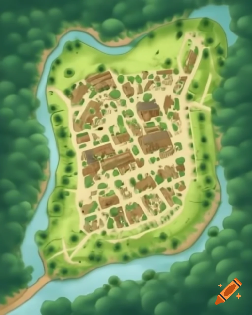 Aerial map of medieval logging town surrounded by forest and river on ...