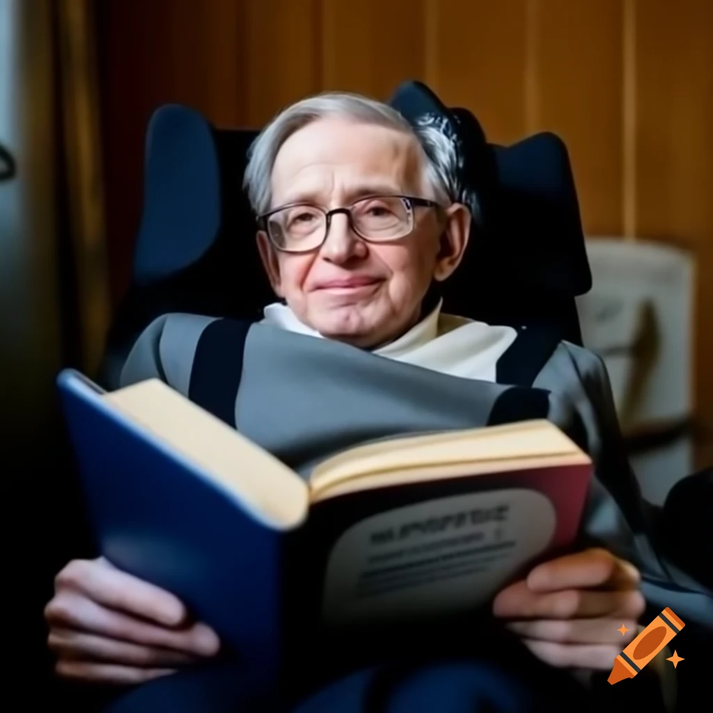 Stephen Hawking smiling with his book 'A Brief History of Time' on Craiyon