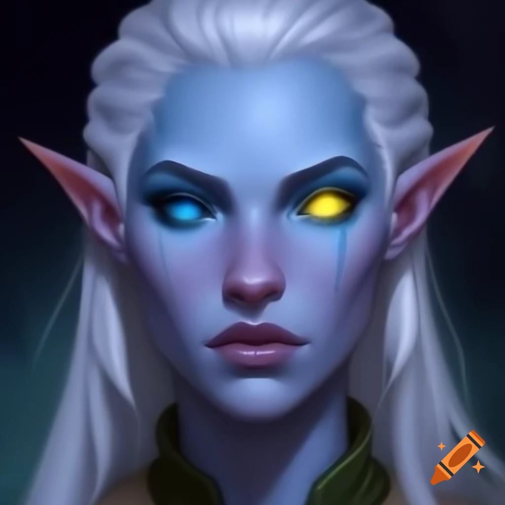 Female half-elf character with white hair and mismatched eyes, blue and ...
