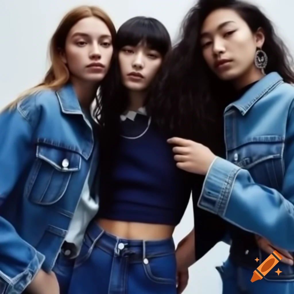Three young women modeling denim fashion in confident poses on Craiyon
