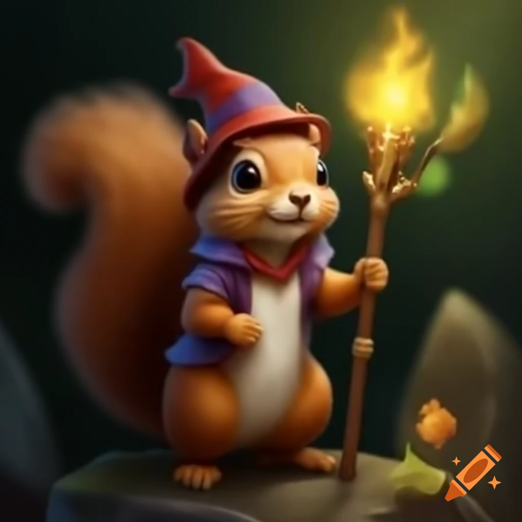 Squirrel depicted as a mage with magical elements on Craiyon