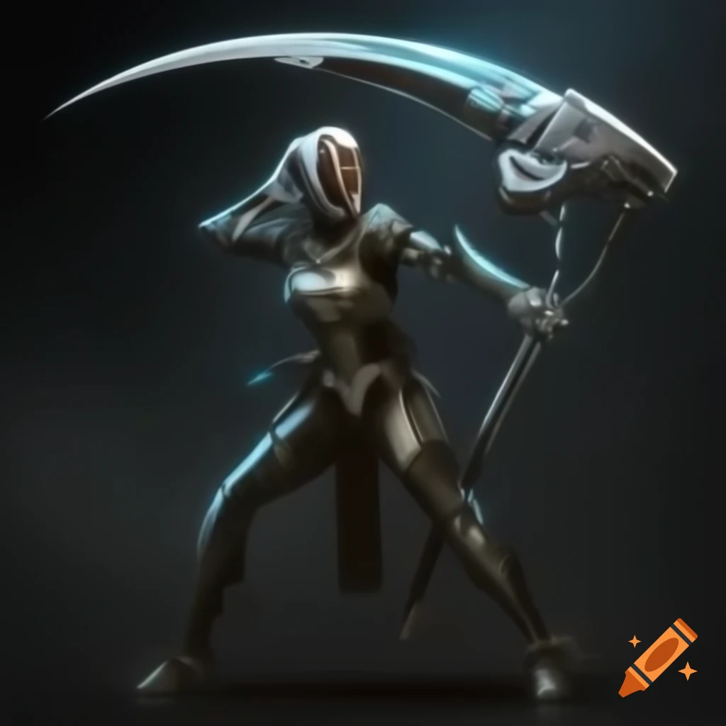 Sci-Fi duelist with tech scythe in full body stance on Craiyon