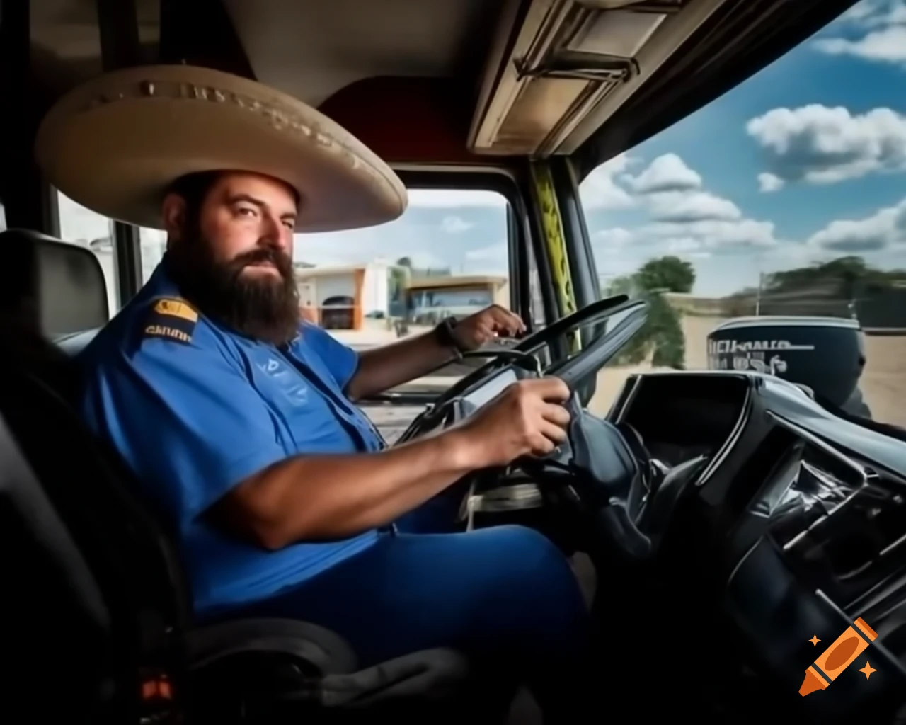 Mexican man with beard in sombrero confidently driving heavy truck ...