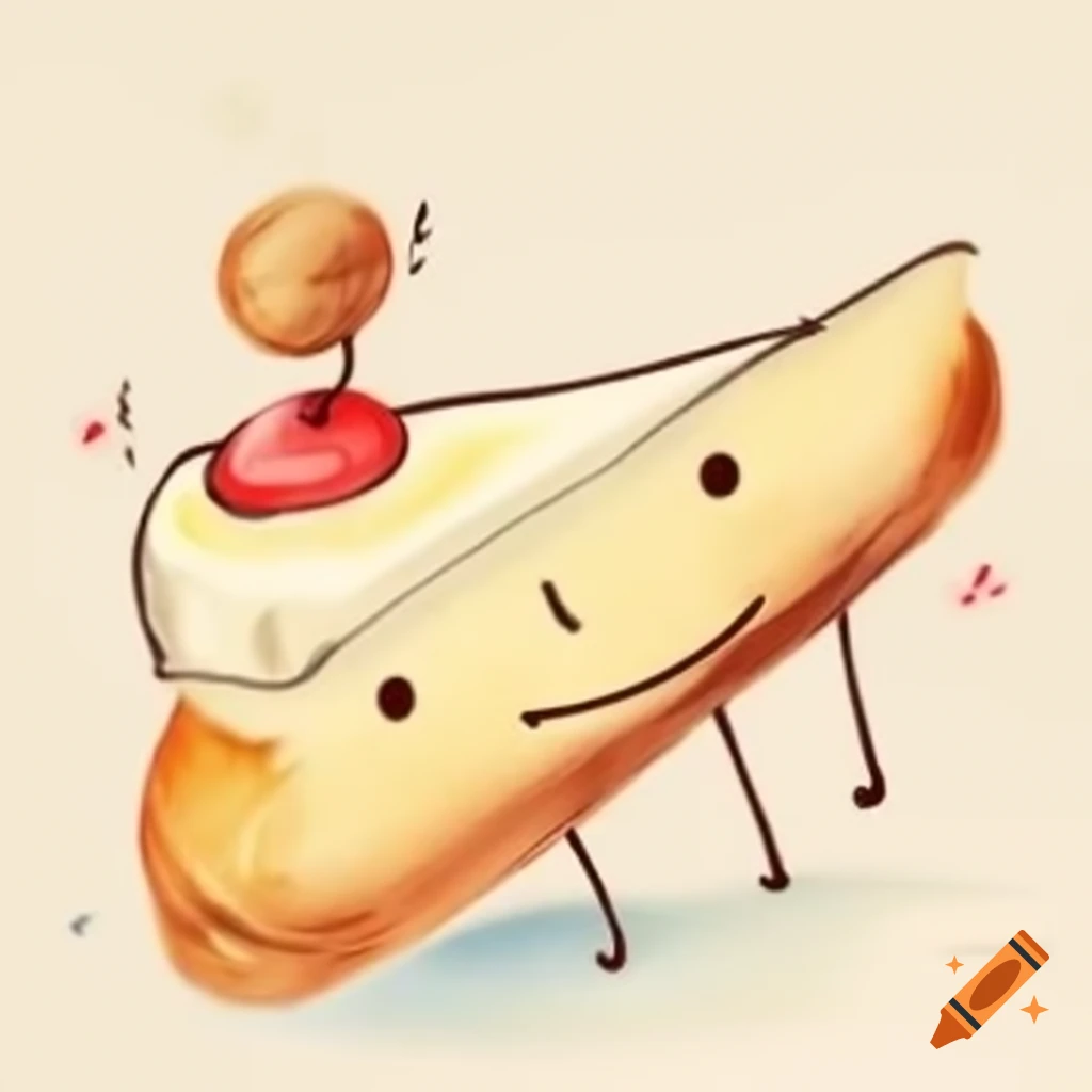 Cartoon cheesecake character holding a baguette joyfully on Craiyon