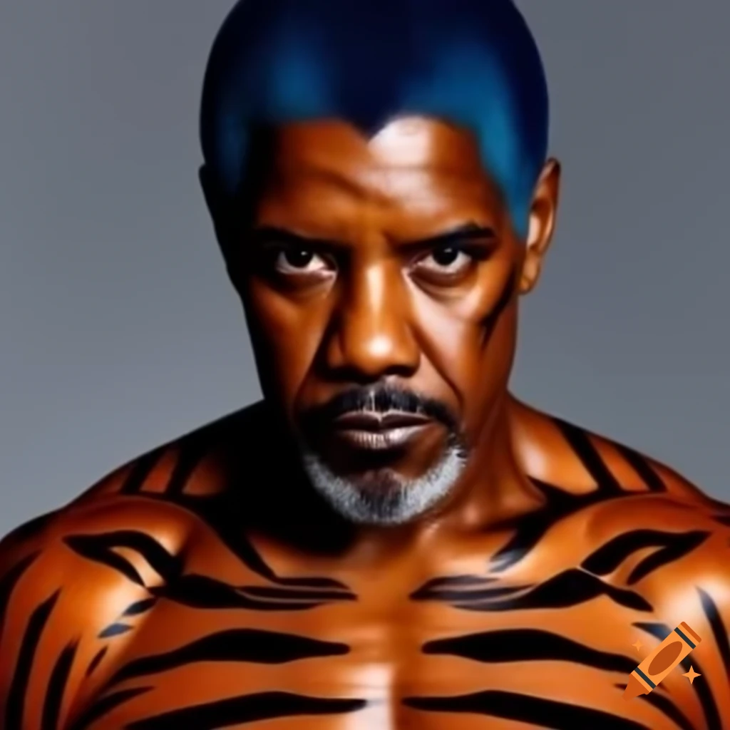 Muscular figure resembling Denzel Washington with tiger-style makeup ...