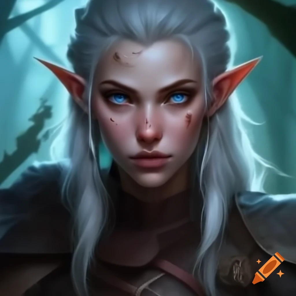 Half-elf bandit in leather armor with distinctive blue and hazel eyes ...